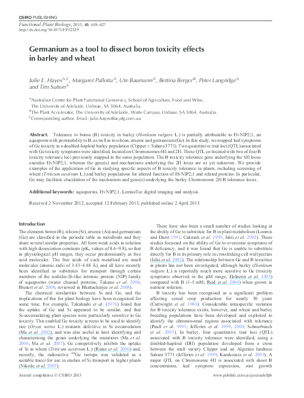 (PDF) Germanium as a tool to dissect boron toxicity effects in barley ...