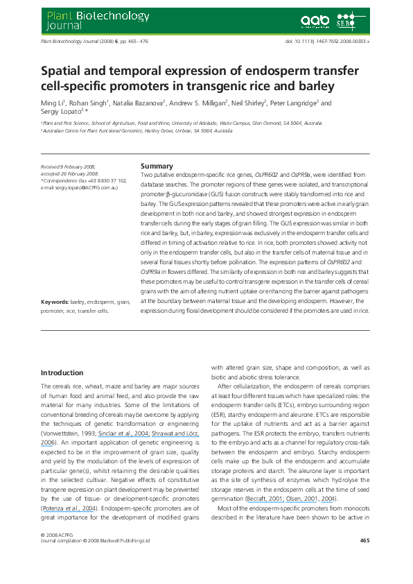 (PDF) Spatial and temporal expression of endosperm transfer cell ...