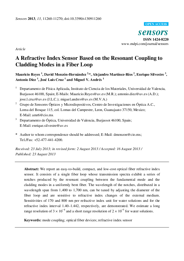 Pdf A Refractive Index Sensor Based On The Resonant Coupling To Cladding Modes In A Fiber Loop