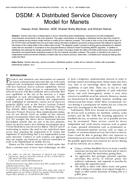 (PDF) DSDM: A Distributed Service Discovery Model for Manets