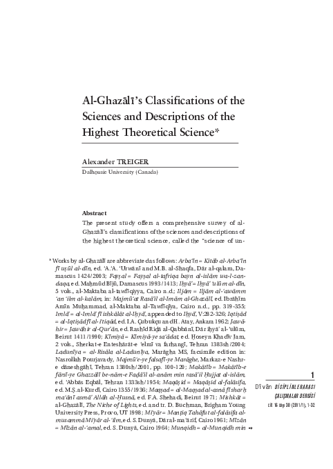 (PDF) Gazâlî’nin İlimler Tasnif(ler)i ve En Üst Teorik İlme Dair ...