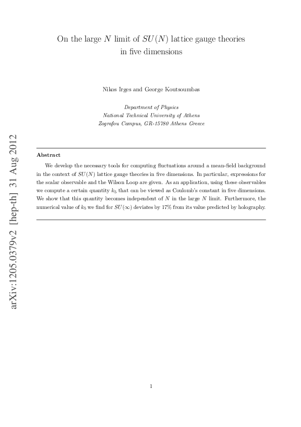 (PDF) On the large N limit of SU(N) lattice gauge theories in five dimensions