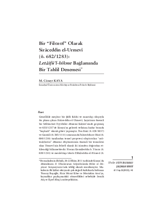 (PDF) Bir “Filozof” Olarak Sirâceddin el-Urmevî (ö. 682/1283): Letâifü ...