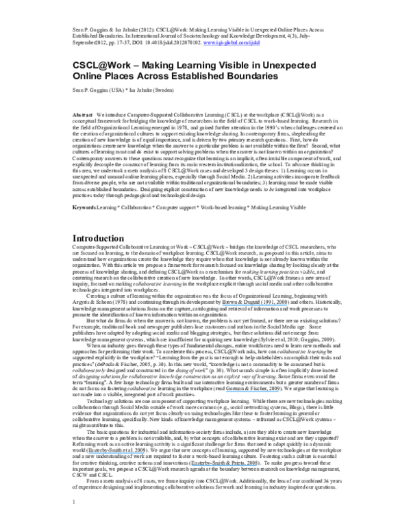 Pdf Cscl Work Computer Supported Collaborative Learning At The Workplace—making Learning
