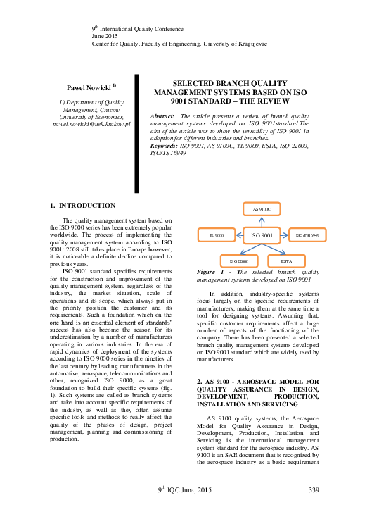 (PDF) Selected Branch Quality Management Systems Based on Iso 9001 ...
