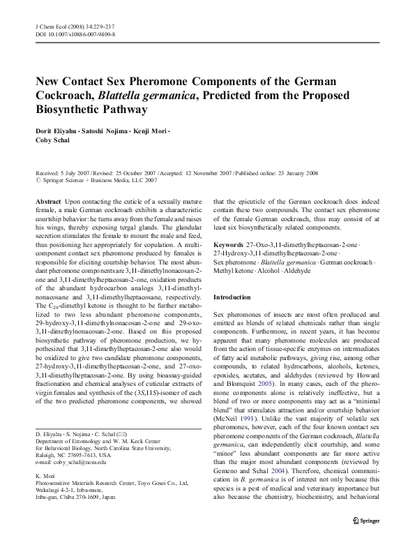 (PDF) New contact sex pheromone components of the german cockroach ...