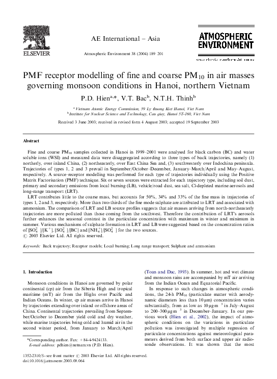 (PDF) PMF receptor modelling of fine and coarse PM10 in air masses ...