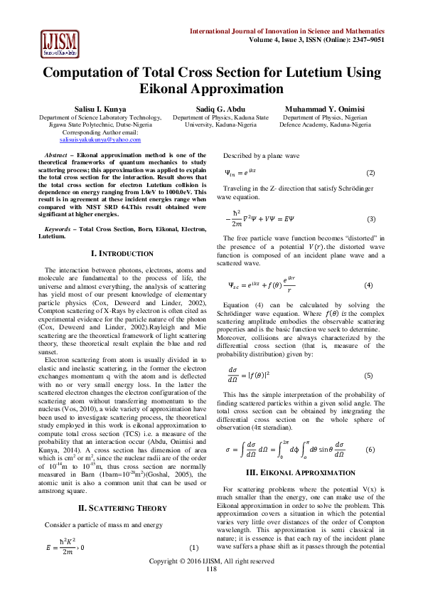 (PDF) Computation of Total Cross Section for Lutetium Using Eikonal ...