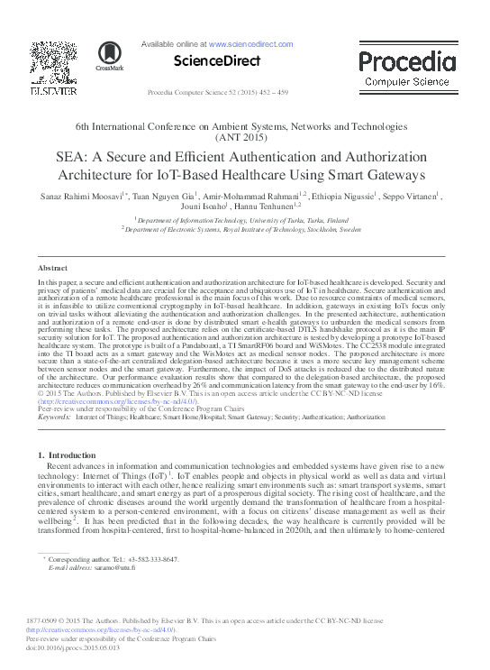 Pdf Sea A Secure And Efficient Authentication And Authorization Architecture For Iot Based