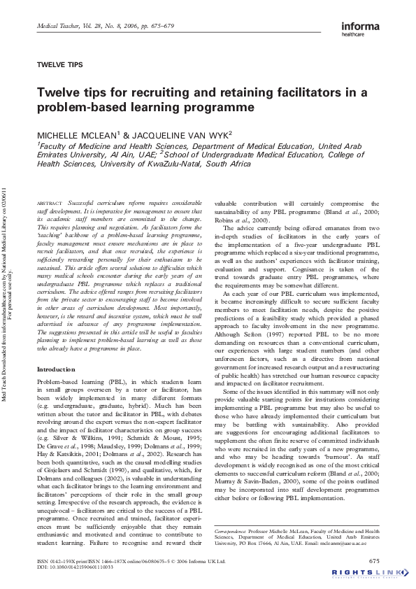 (PDF) Twelve tips for recruiting and retaining facilitators in a problem-based learning programme