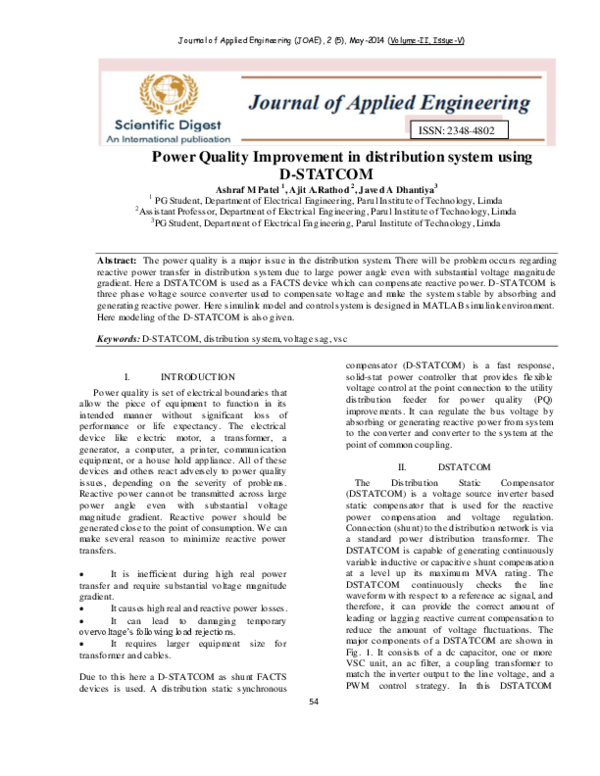 Pdf Power Quality Improvement In Distribution System Using D Statcom