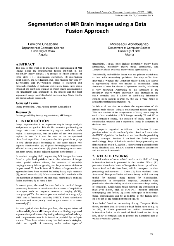 Pdf Segmentation Of Mr Brain Images Using A Data Fusion Approach