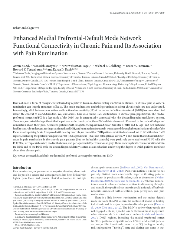 (PDF) Enhanced medial prefrontal-default mode network functional connectivity in chronic pain ...