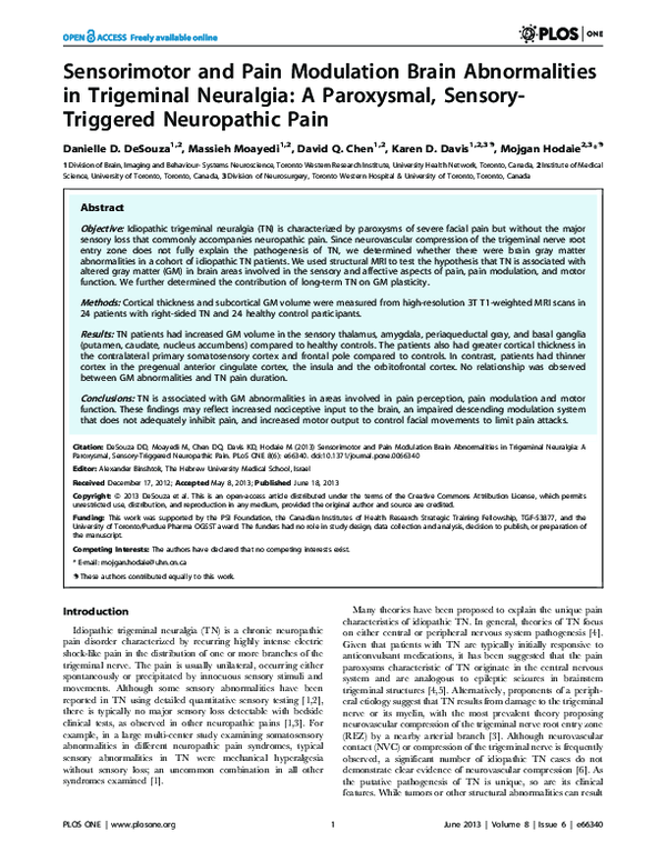 (PDF) Sensorimotor and Pain Modulation Brain Abnormalities in Trigeminal Neuralgia: A Paroxysmal ...