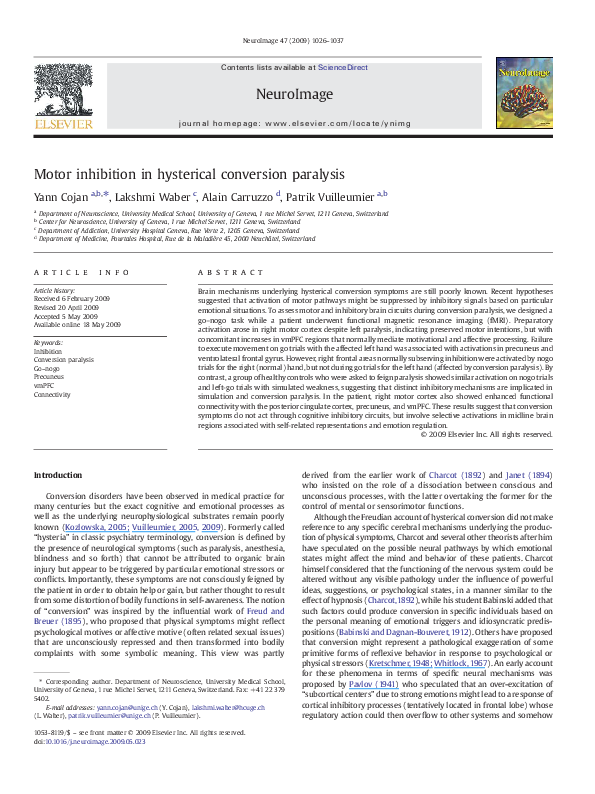 (PDF) Motor inhibition in hysterical conversion paralysis