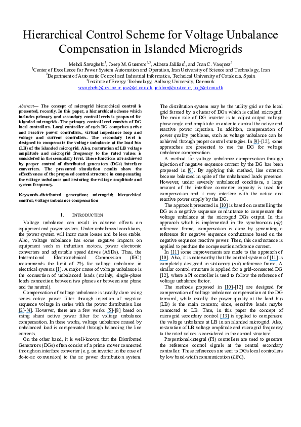 Pdf Hierarchical Control Scheme For Voltage Unbalance Compensation In Islanded Microgrids