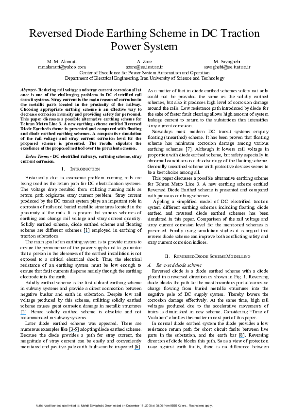 (PDF) Reversed diode earthing scheme in DC traction power system