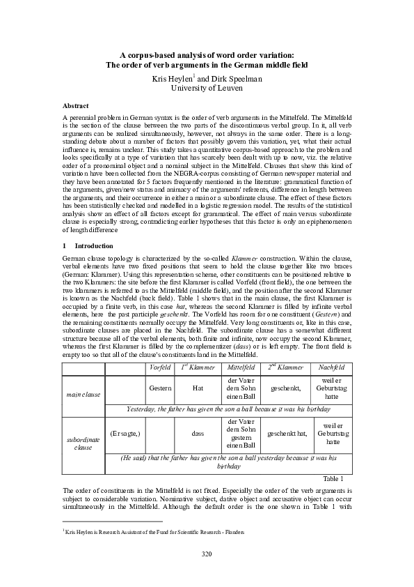 Pdf A Corpus Based Analysis Of Word Order Variation The Order Of Verb Arguments In The German