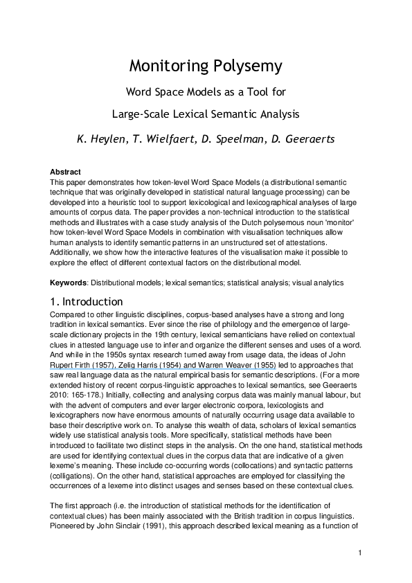 (PDF) Monitoring polysemy: Word space models as a tool for large-scale lexical semantic analysis