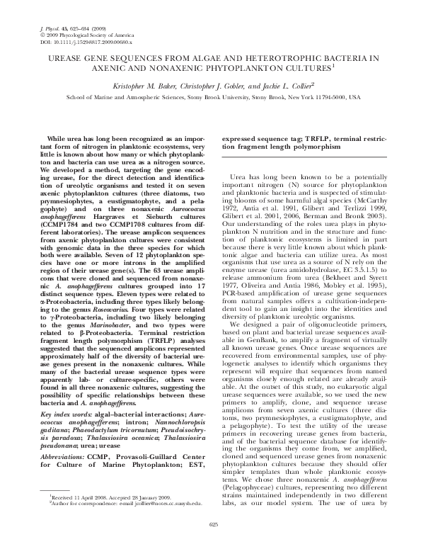 (PDF) UREASE GENE SEQUENCES FROM ALGAE AND HETEROTROPHIC BACTERIA IN ...