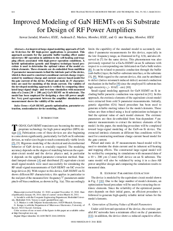 (PDF) Improved Modeling of GaN HEMTs on Si Substrate for Design of RF Power Amplifiers