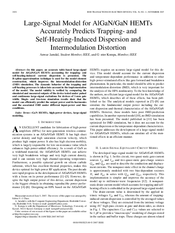 (PDF) Large-Signal Model for AlGaN/GaN HEMTs Accurately Predicts Trapping- and Self-Heating ...