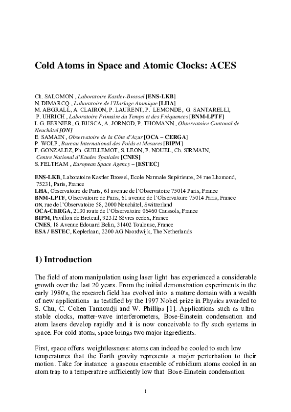 (PDF) Cold atoms in space and atomic clocks: ACES