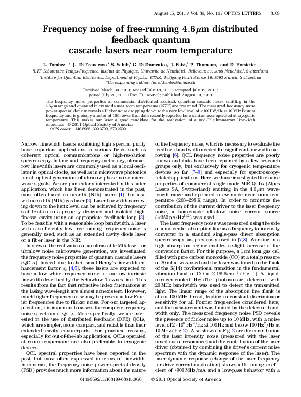 (PDF) Frequency noise of free-running 46 μm distributed feedback quantum cascade lasers near ...