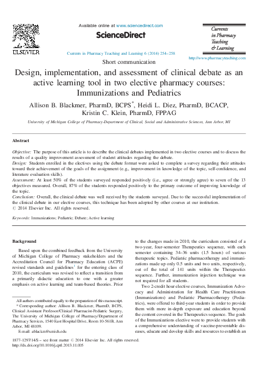 (PDF) Design, implementation, and assessment of clinical debate as an active learning tool in ...