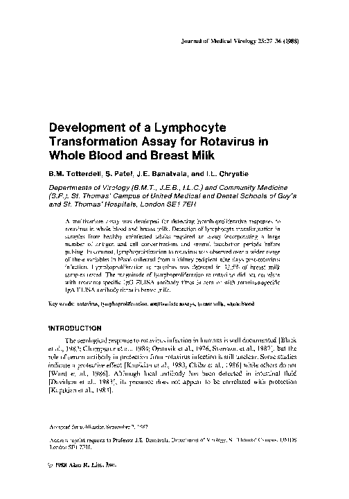 (PDF) Development of a lymphocyte transformation assay for rotavirus in ...