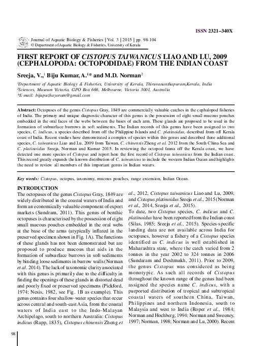 FIRST REPORT OF CISTOPUS TAIWANICUS LIAO AND LU, 2009 (CEPHALOPODA ...