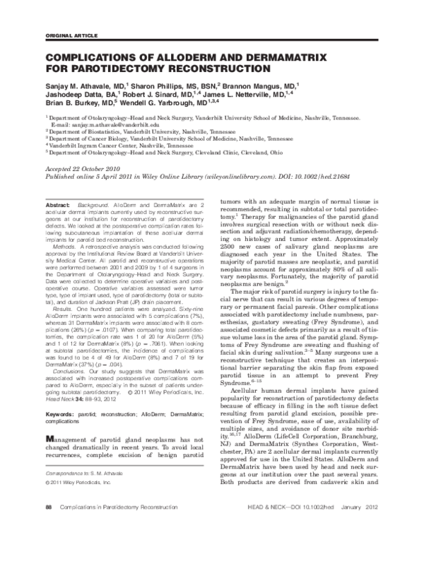 (PDF) Complications of alloderm and dermamatrix for parotidectomy ...