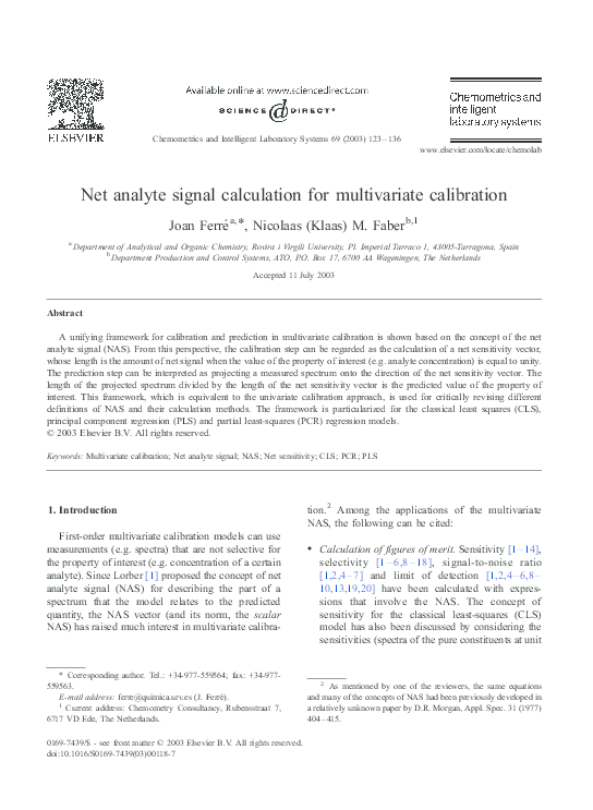 Pdf Net Analyte Signal Calculation For Multivariate Calibration