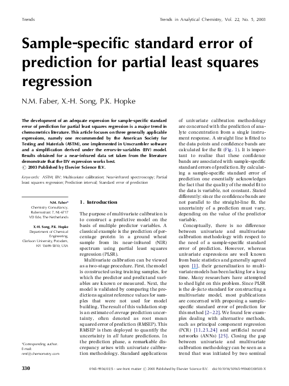 Pdf Sample Specific Standard Error Of Prediction For Partial Least