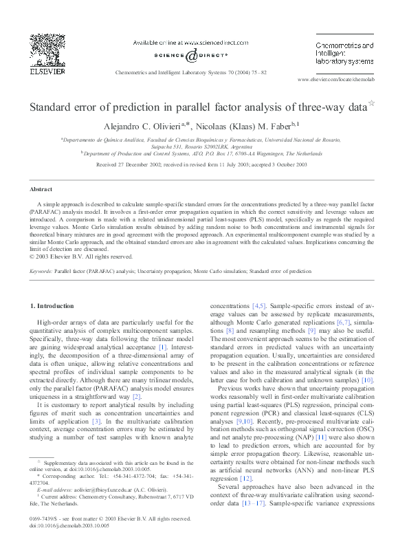 (PDF) Standard error of prediction in parallel factor analysis of three ...