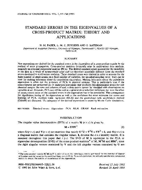 (PDF) Standard errors in the eigenvalues of a cross‐product matrix: Theory and applications