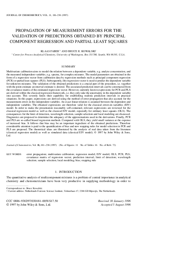 (PDF) Propagation of measurement errors for the validation of predictions obtained by principal ...