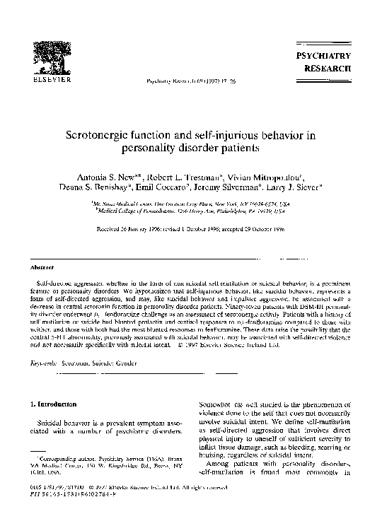 (PDF) Serotonergic function and self-injurious behavior in personality ...