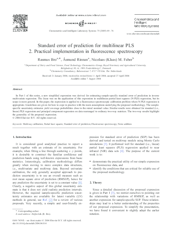 (PDF) Standard error of prediction for multilinear PLS: 2. Practical ...