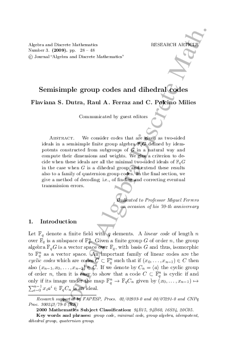 (PDF) Semisimple group codes and dihedral codes