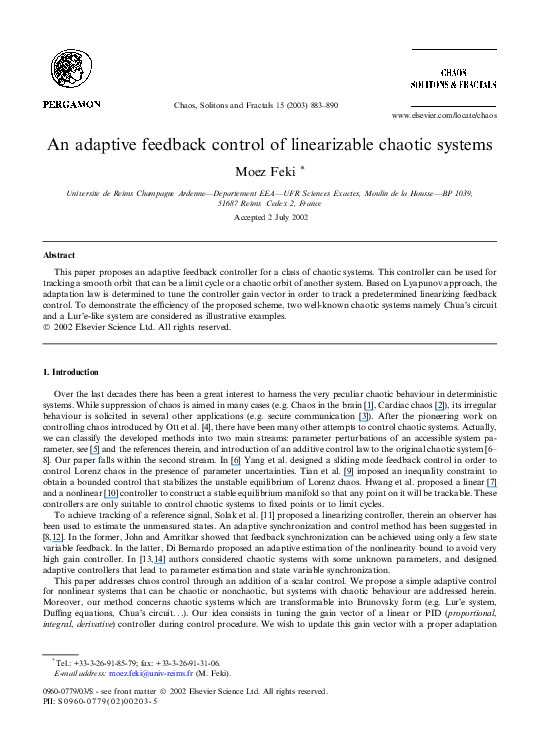 (PDF) An adaptive feedback control of linearizable chaotic systems
