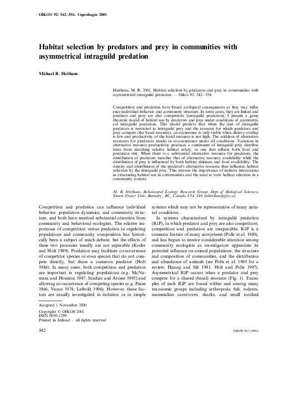 (PDF) Habitat selection by predators and prey in communities with asymmetrical intraguild predation