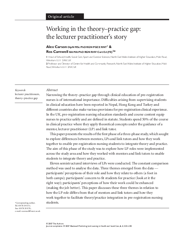(PDF) Working in the theory–practice gap: the lecturer practitioner's story