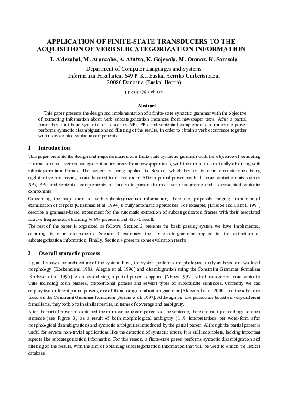 (PDF) Application of finite-state transducers to the acquisition of verb subcategorization ...