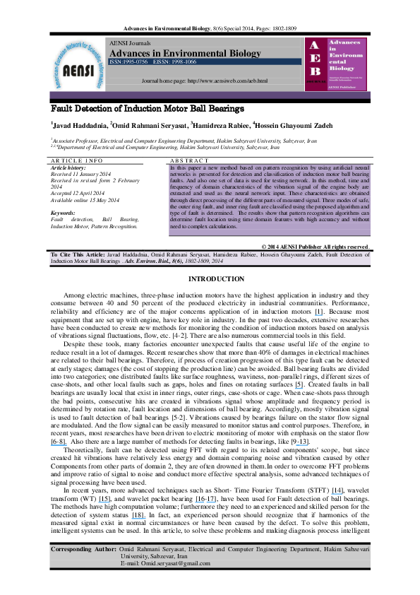 Pdf Fault Detection Of Induction Motor Ball Bearings