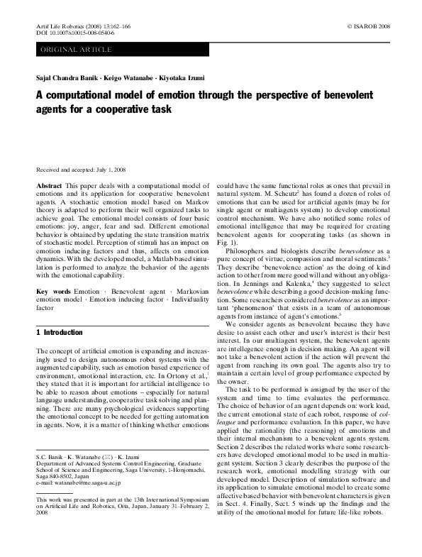 (PDF) A computational model of emotion through the perspective of benevolent agents for a ...
