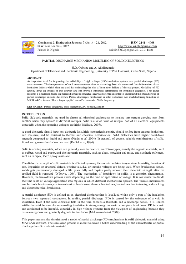 (PDF) PARTIAL DISCHARGE MECHANISM MODELING OF SOLID DIELECTRICS - N.O. Ogbogu and A. Akhikpemelo