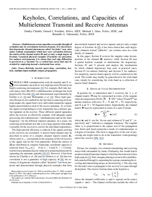 (PDF) Keyholes, correlations, and capacities of multielement transmit and receive antennas