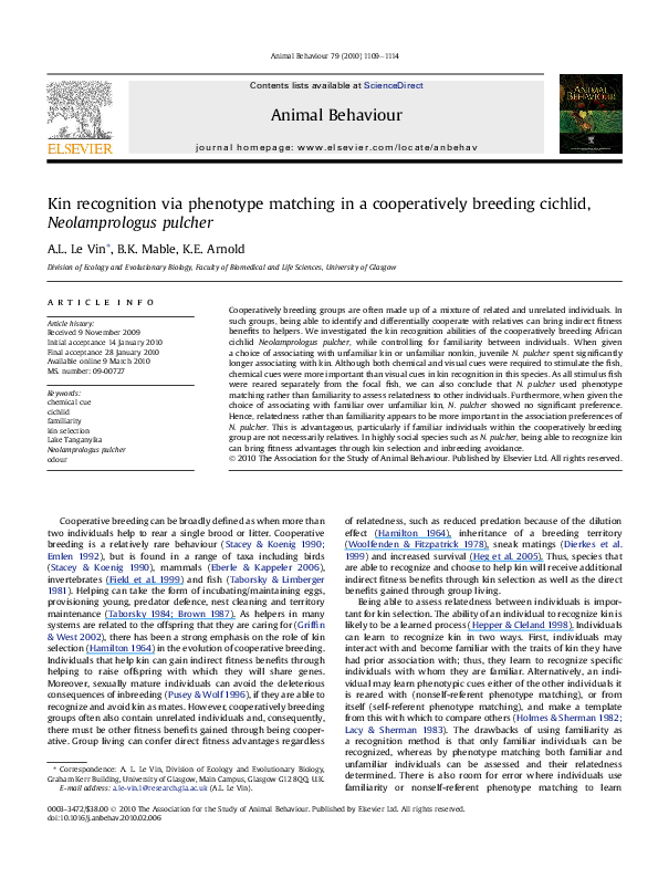 (PDF) Kin recognition via phenotype matching in a cooperatively ...