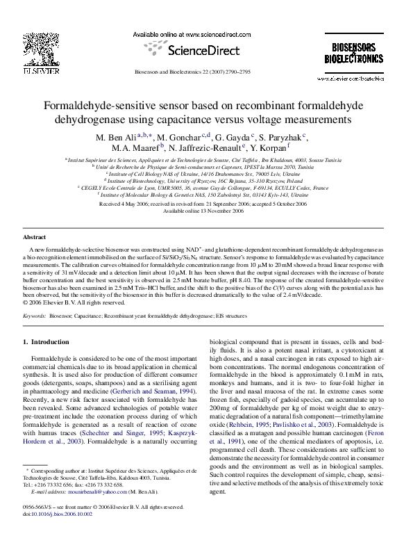 Pdf Formaldehyde Sensitive Sensor Based On Recombinant Formaldehyde